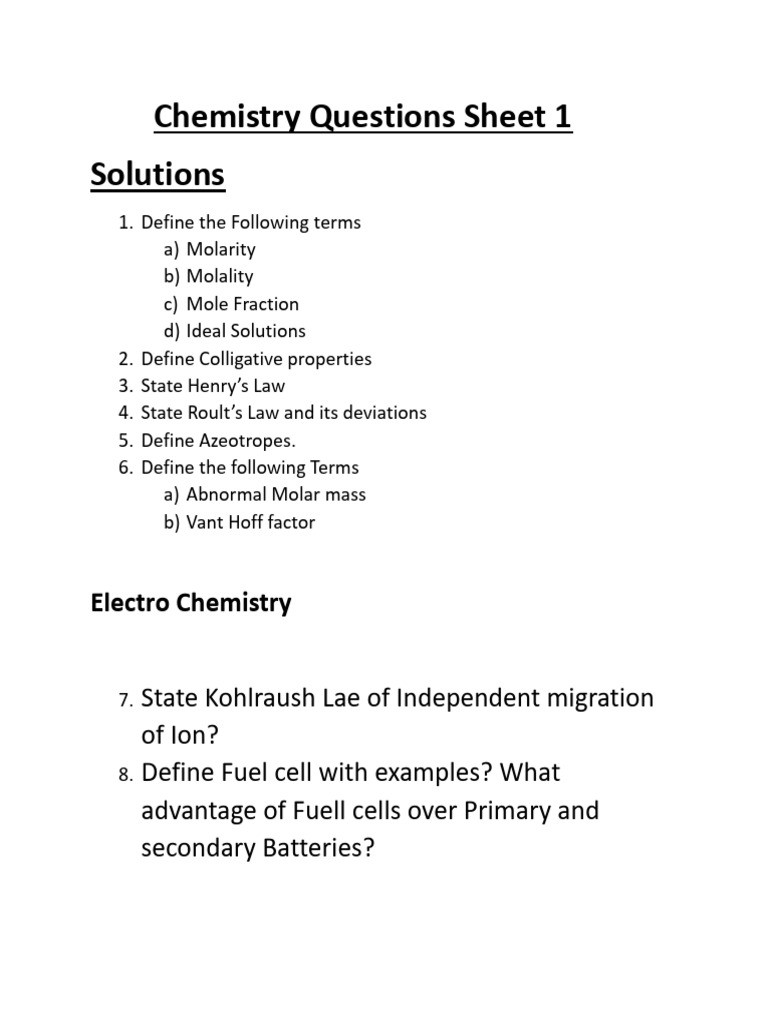 Chemistry Questions Sheet 1 | PDF | Electrochemistry | Physical Chemistry