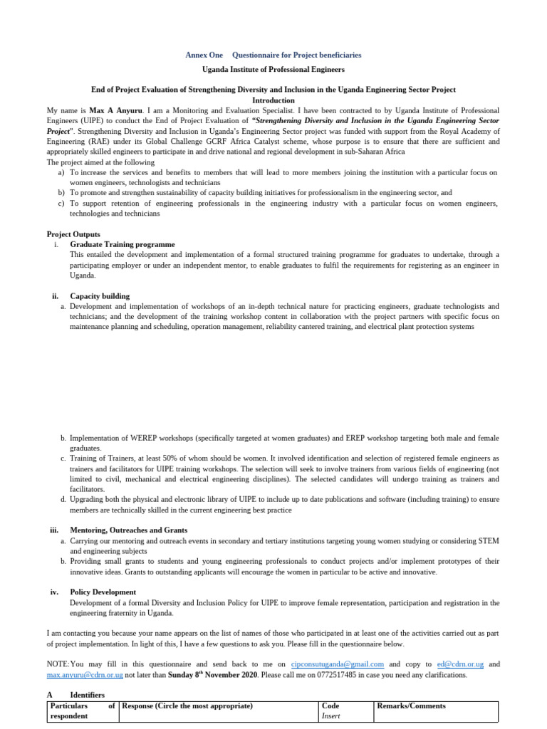 UIPE Beneficiary Questionnaire Diversity EPE | PDF | Engineering ...