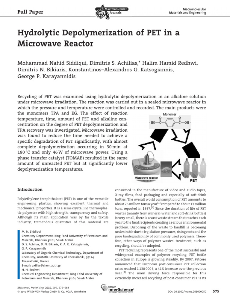 Hydrolytic Depolymerization of PET in A | PDF | Reaction Rate | Recycling