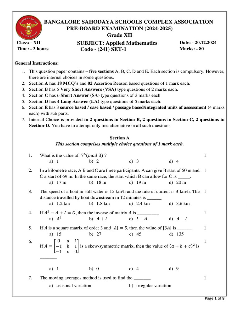 CLASS XII APPLIED MATHS SET 1 | PDF