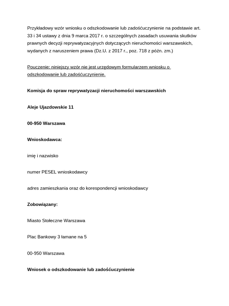 Przykładowy Wzór Wniosku o Odszkodowanie Lub Zadośćuczynienie | PDF