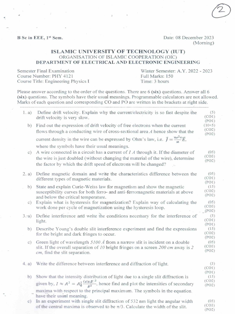 Phy 4121 Engineering Physics I-1 | PDF | Diffraction | Physical Quantities