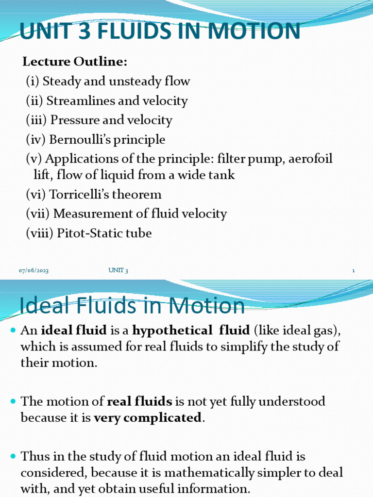 Unit 3 Fluids in Motion-1 | PDF | Fluid Dynamics | Pressure