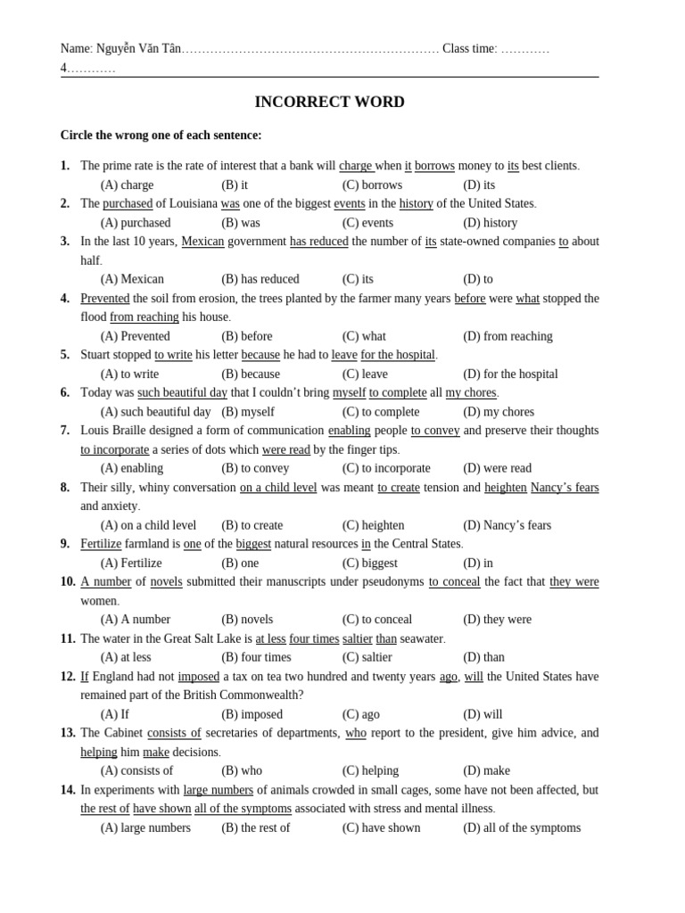 Grammar Test 3 Incorrect Words | PDF