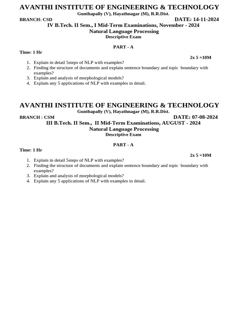 NLP Mid-1 - QP | PDF
