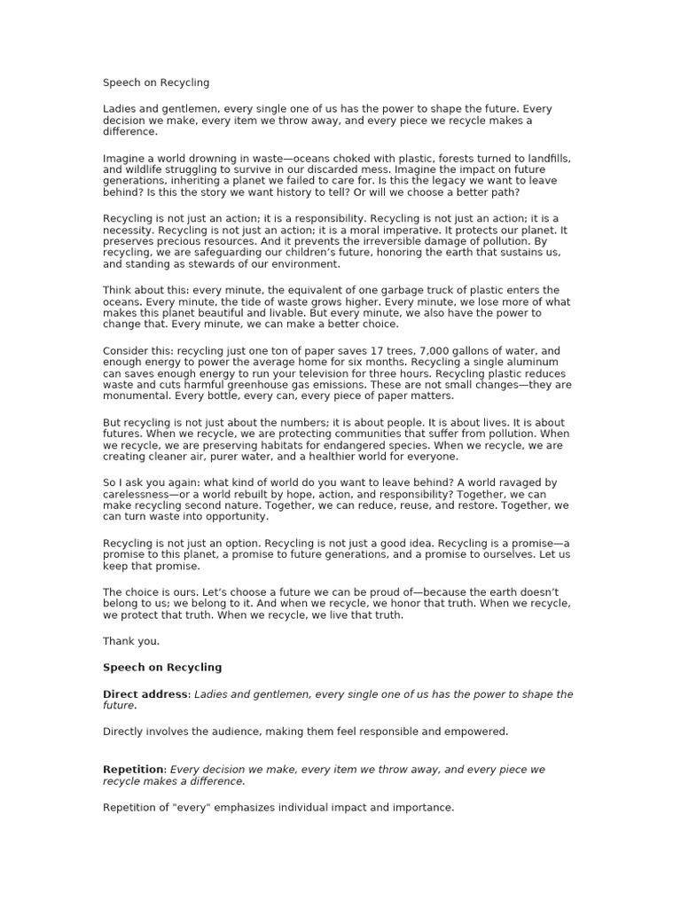 Speech on Recycling | PDF | Recycling | Waste