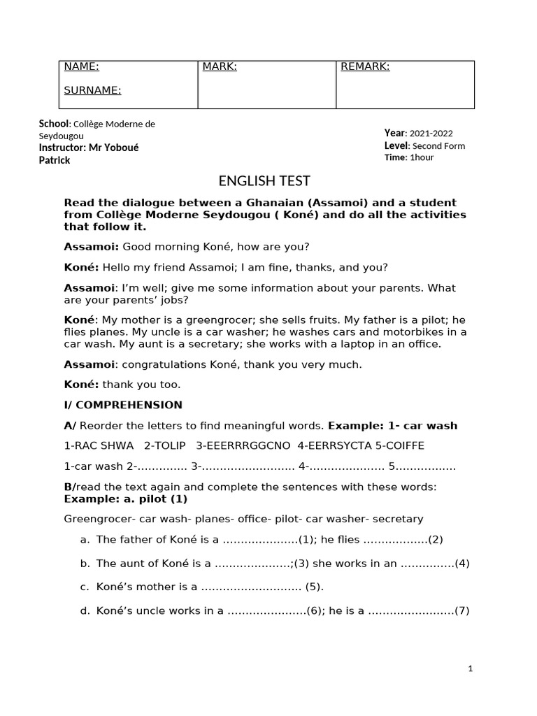 DEVOIR D'anglais 5ème S | PDF