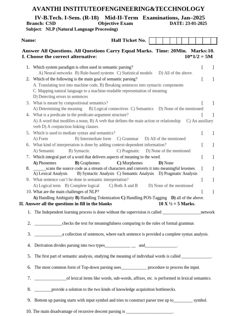 CSD 4-1-Sem-NLP-Mid-2-Objective | PDF | Parsing | Semantics