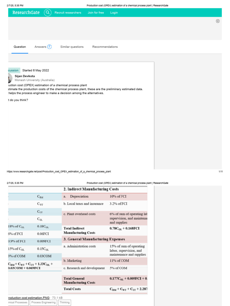 Production Cost (OPEX) Estimation of A Chemical Process Plant - ResearchGate | PDF | Adsorption ...