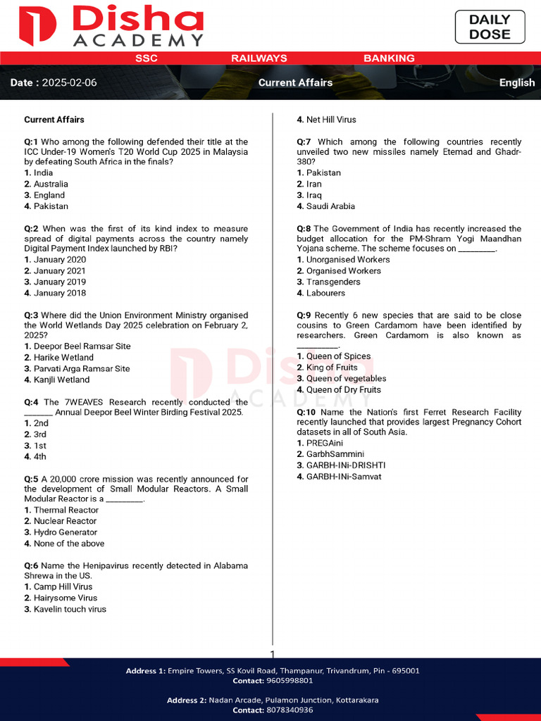 Current Affairs English 2025-02-06 Disha | PDF