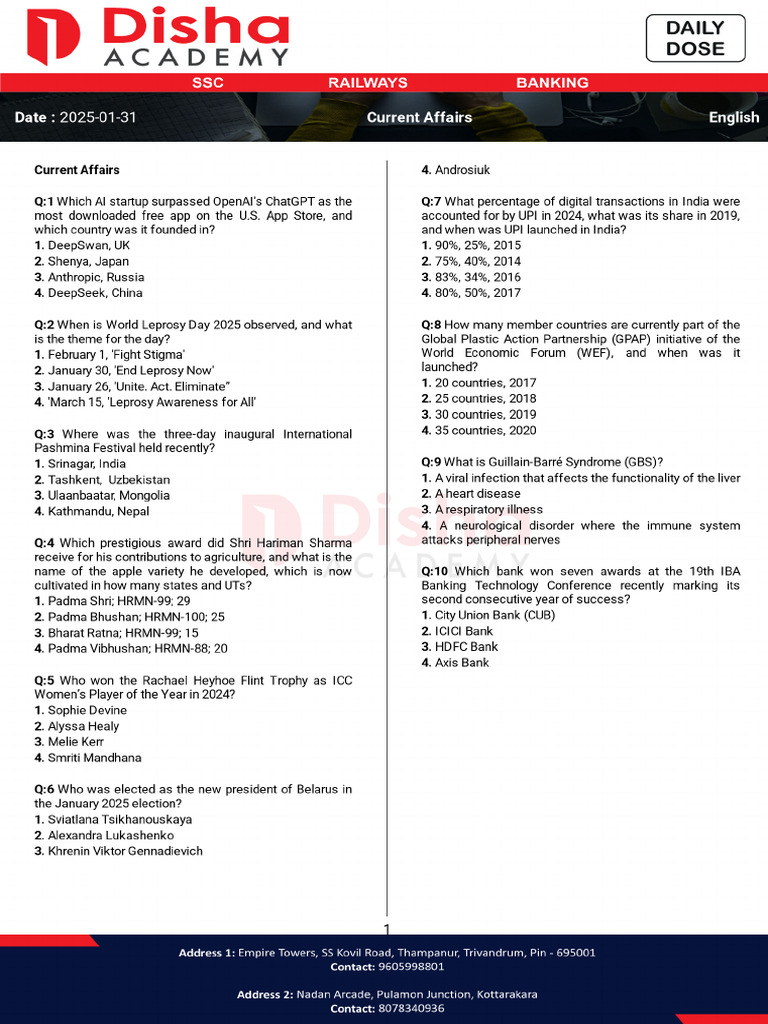 Current Affairs English 2025-01-31 Disha | PDF