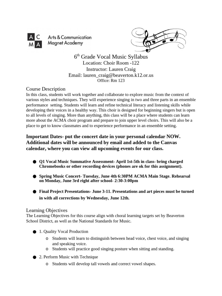 6th Grade Vocal Music Course Syllabus | PDF | Singing | Dress