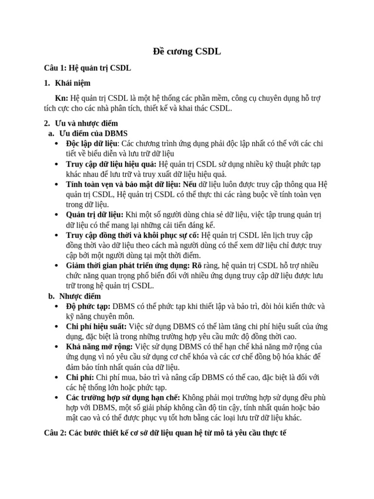 Đề cương CSDL D21 | PDF