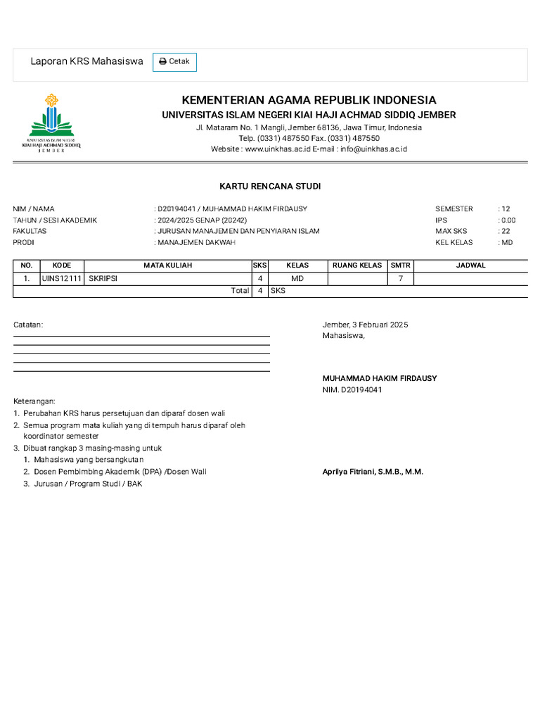 Laporan KRS Mahasiswa | PDF