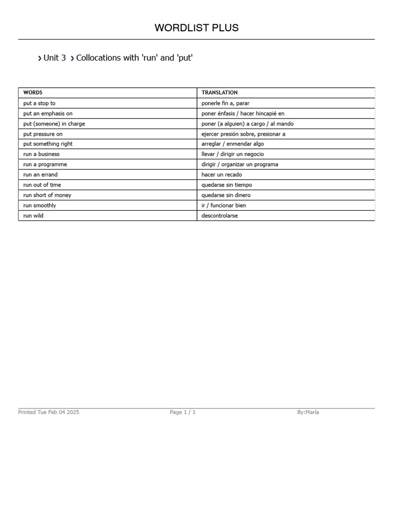 Collocations: 'Run' y 'Put' | PDF