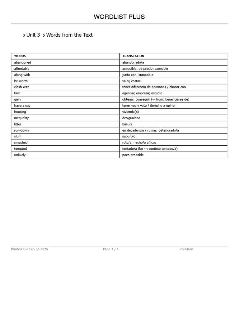 Wordlist Plus: Unit 3 Words From The Text | PDF