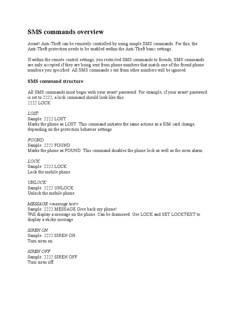 AVAST SMS Commands Overview | PDF | Short Message Service | Computer Virus