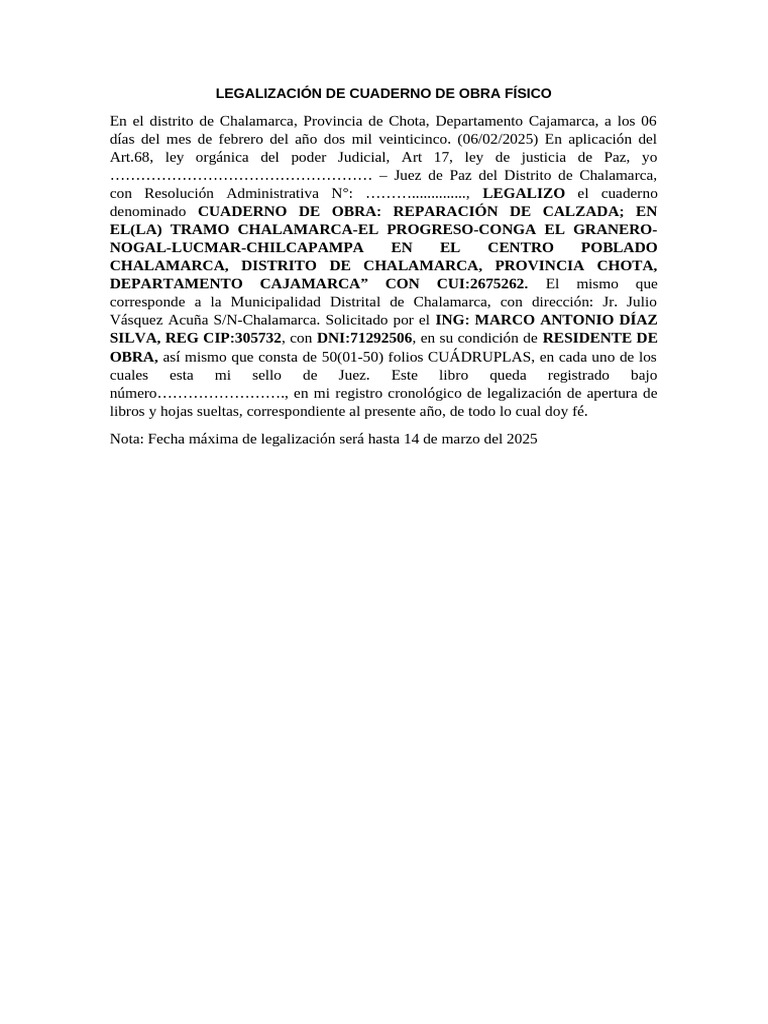 Legalización de Cuaderno de Obra Físico | PDF