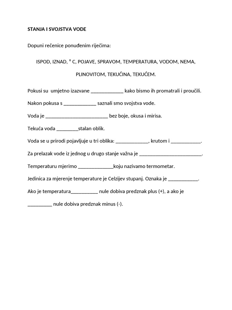 Stanja I Svojstva Vode - Listić Za Provjeru Na Kraju Sata | PDF