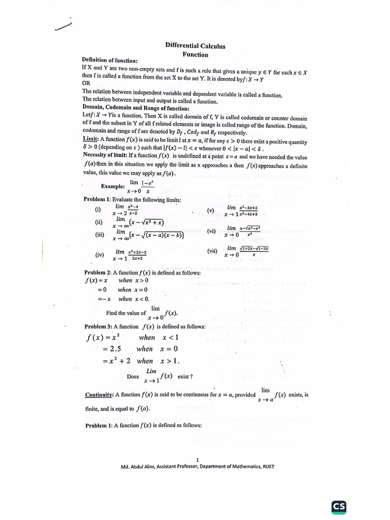 Differential Calculas by Abdul Alim Sir Lecture Sheet | PDF