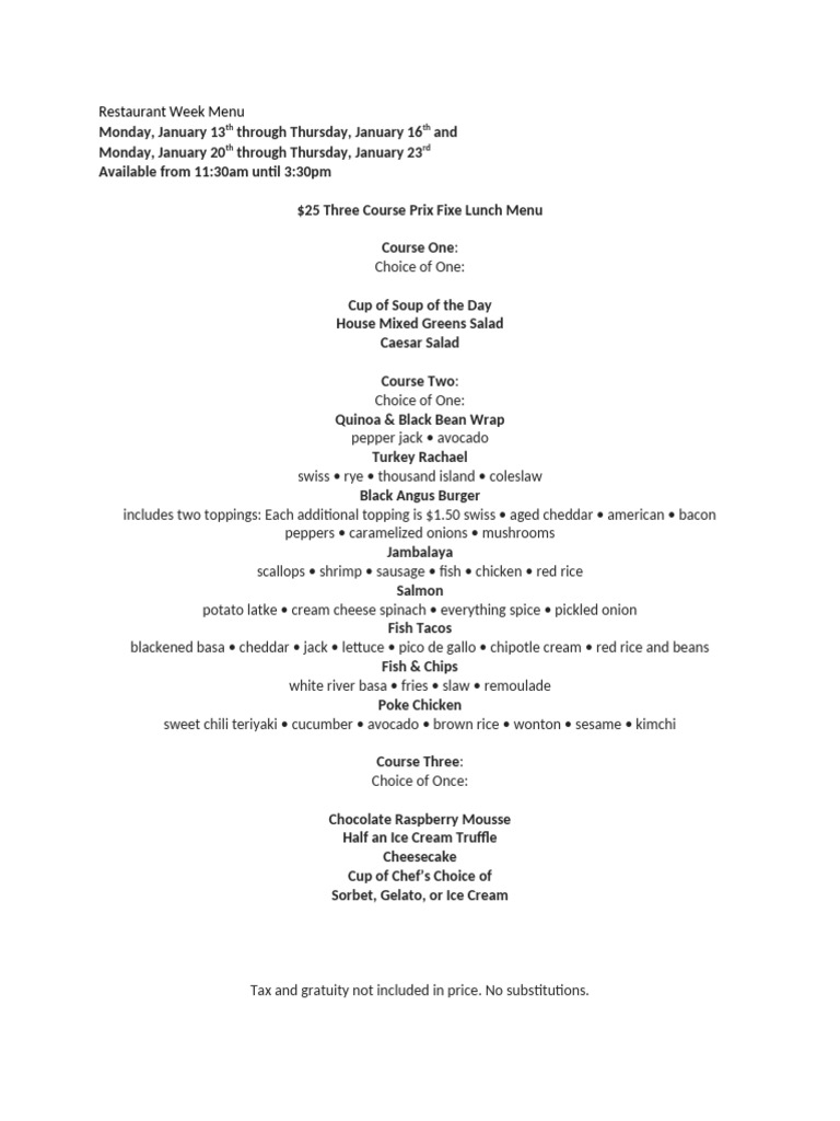 Restaurant Week Prix Fixe Menus | PDF | Salad | Hamburgers