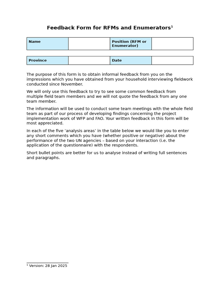 Feedback Form for RFMs and Enumerators-FAO sub-programmes -Jan28 | PDF