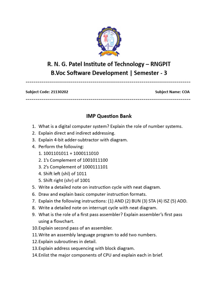 COA - IMP Question Bank | PDF