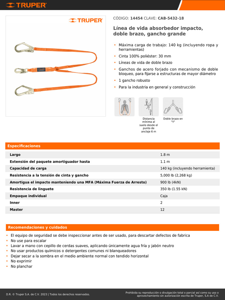 Linea de Vida Con Amortiguador Doble Brazo Truper 14454 | PDF