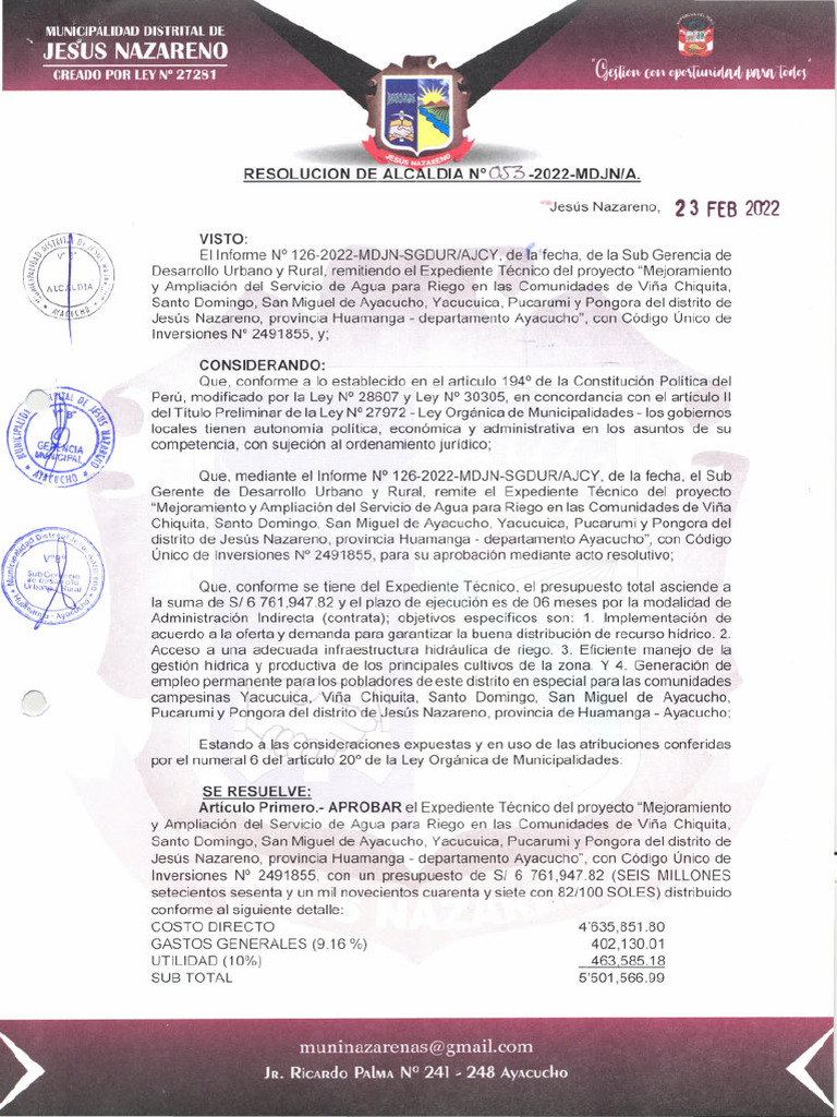 RA - 053 - 2022 Aprob. Exp. Tec. Riego | PDF | Presupuesto | Economias