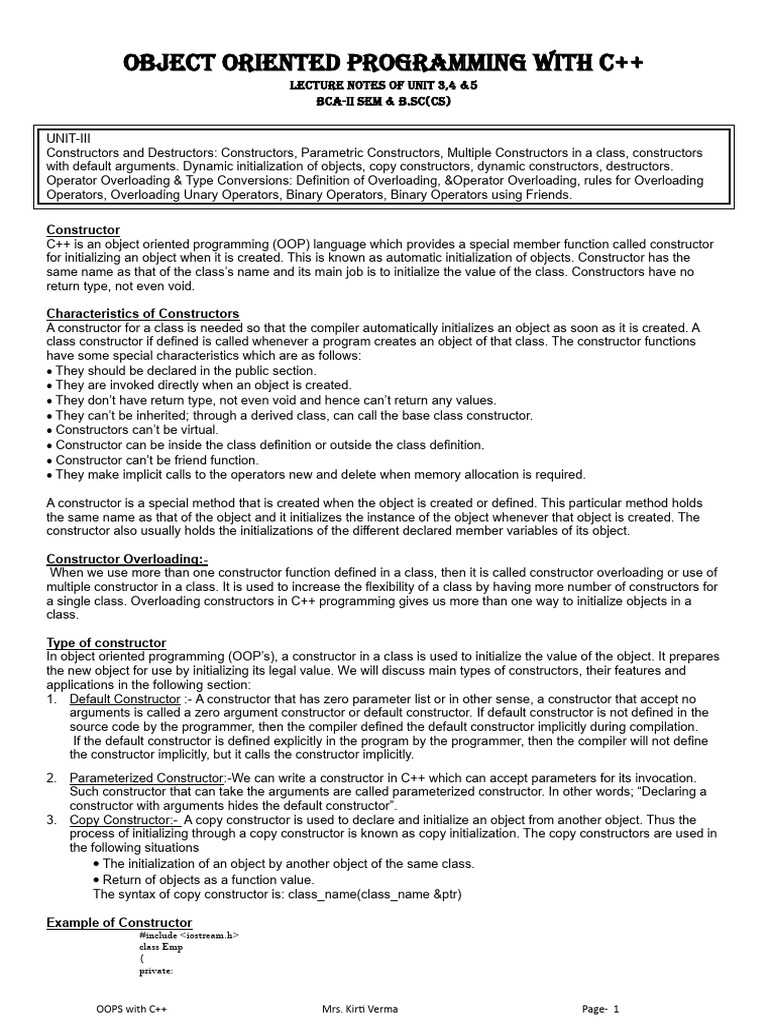 BCA-II Oops C++ Uninnt 3,4,5 | PDF | Constructor (Object Oriented Programming) | Programming