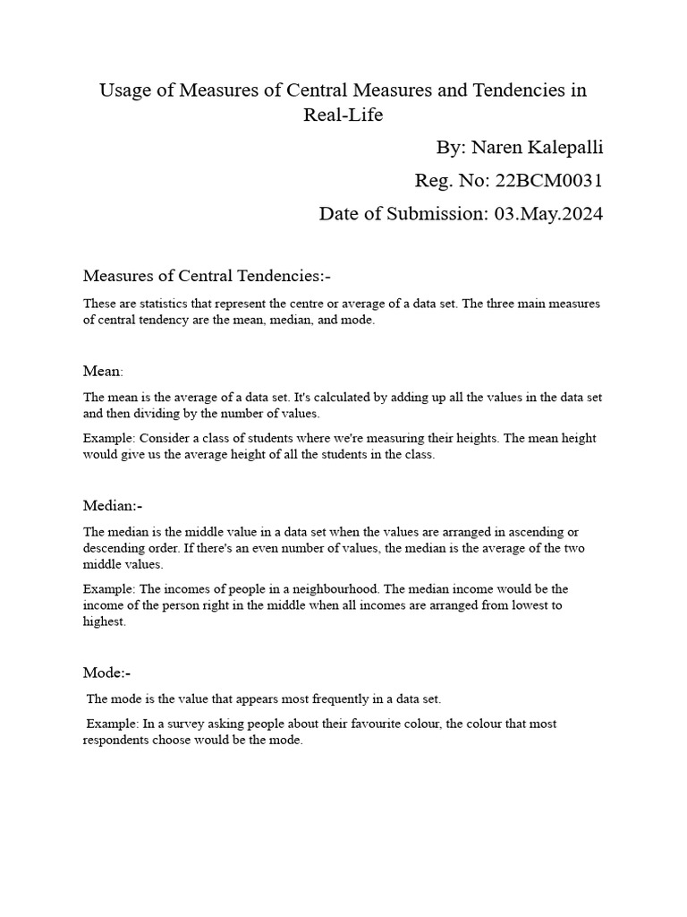 Usage of Measures of Central Measures and Tendencies in Real Life | PDF | Mean | Variance
