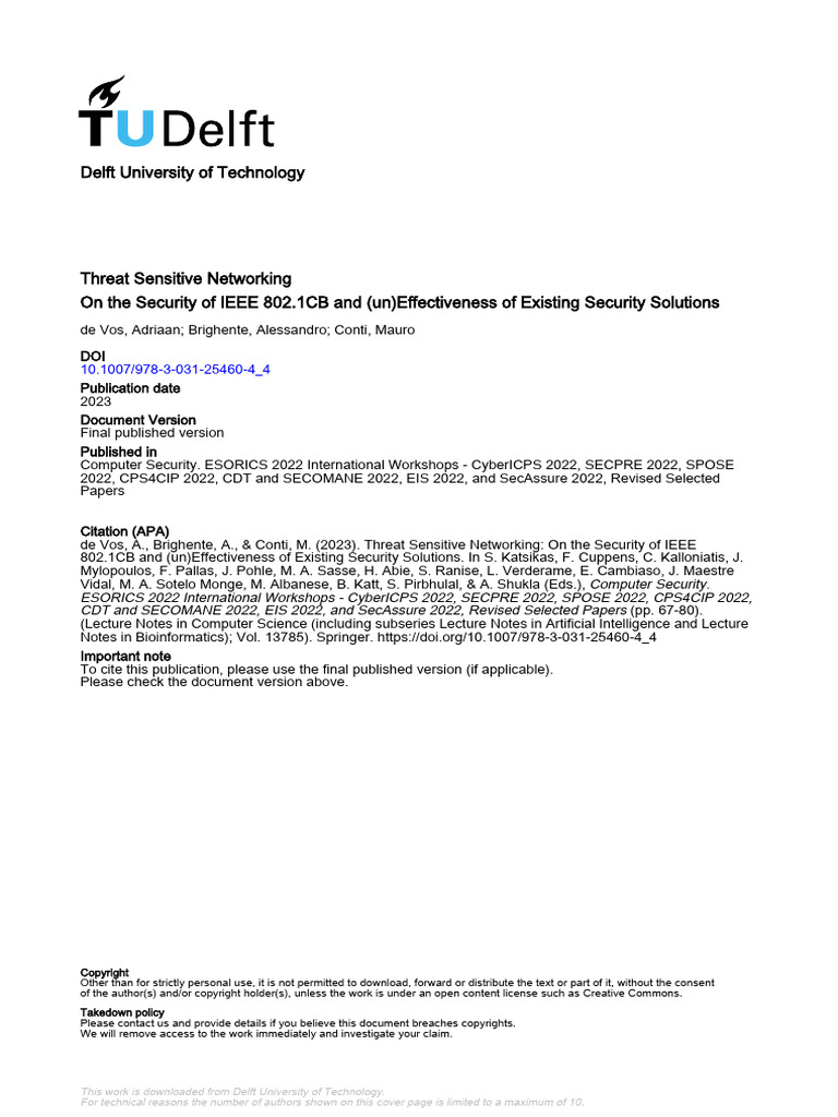 Threat Sensitive Networking On The Security Of Ieee 802 1cb And Un Effectiveness Of Existing