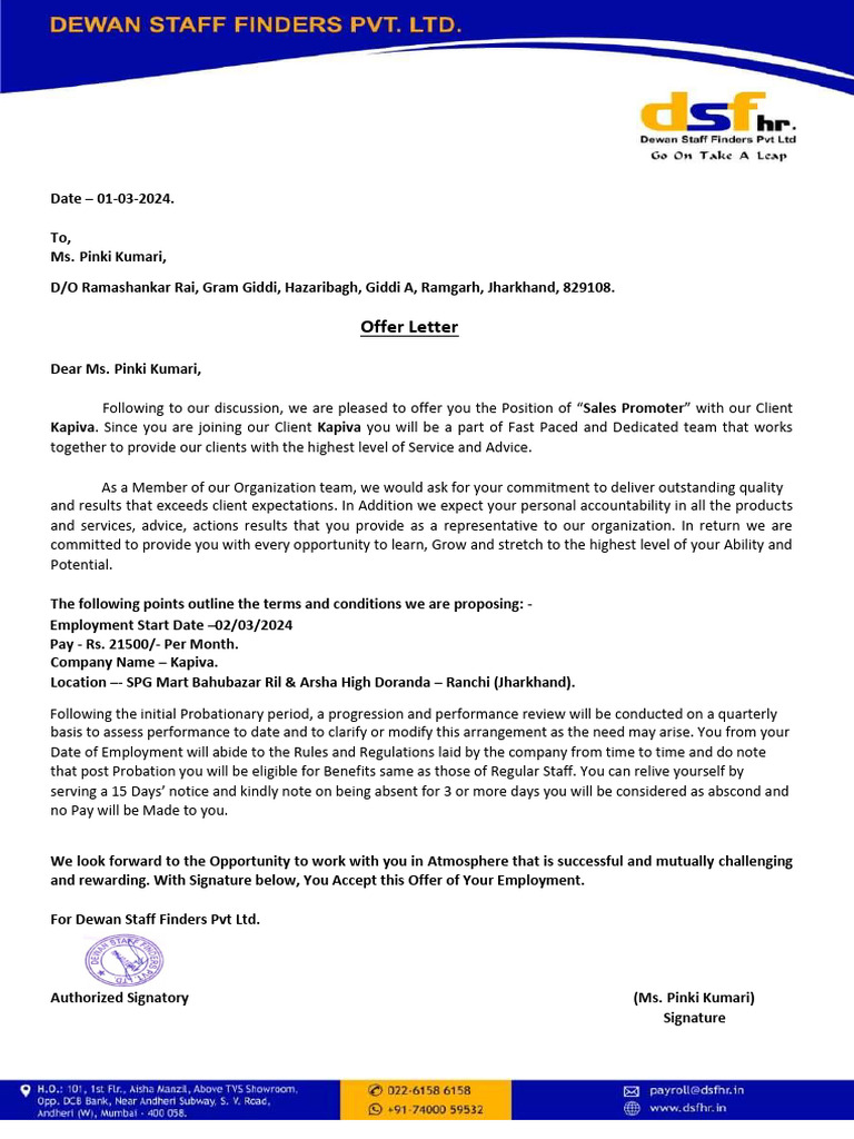 Offer Letter for Pinki Kumari | PDF