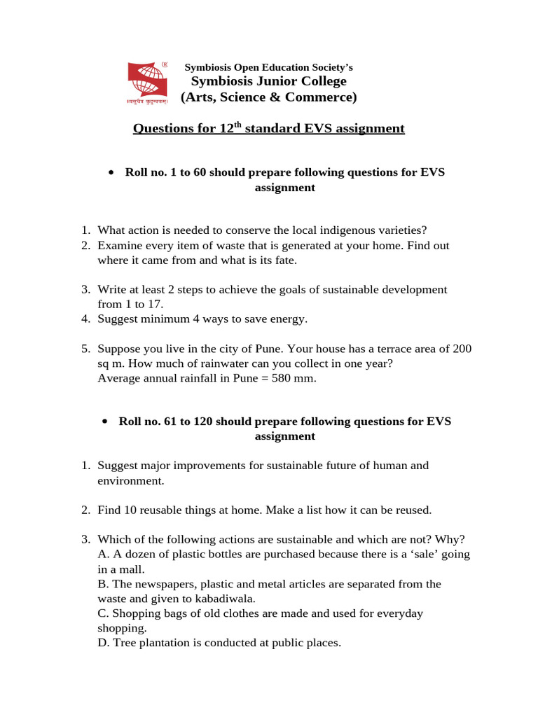 12TH EVS Assignment Questions | PDF