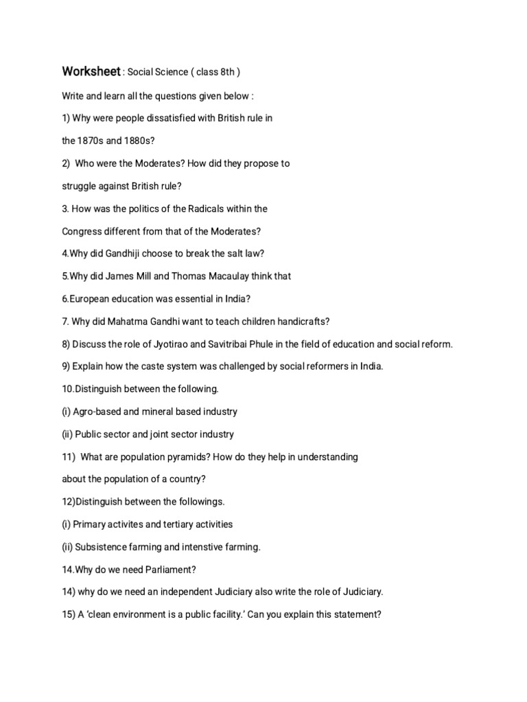 Class 8 Social Science Worksheet | PDF