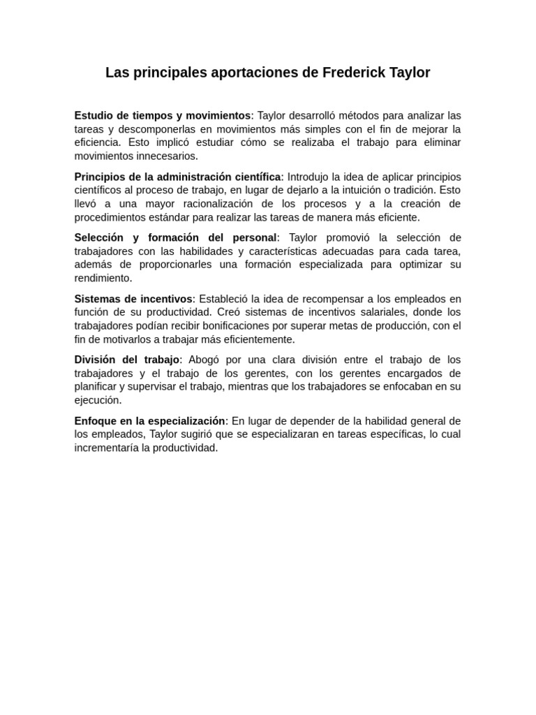 Las Principales Aportaciones de Frederick Taylor | PDF | Planificación | Economias