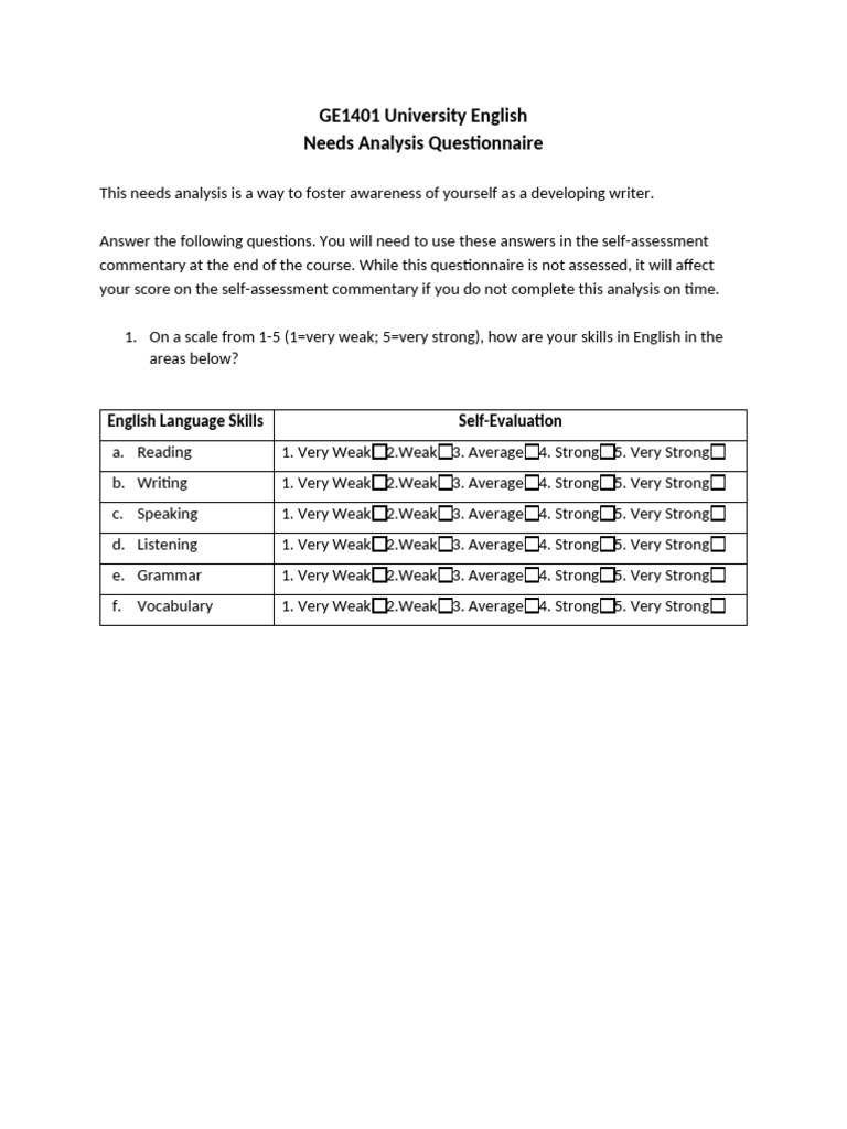 GE1401 Needs Analysis Questionnaire | PDF | English Language | Questionnaire