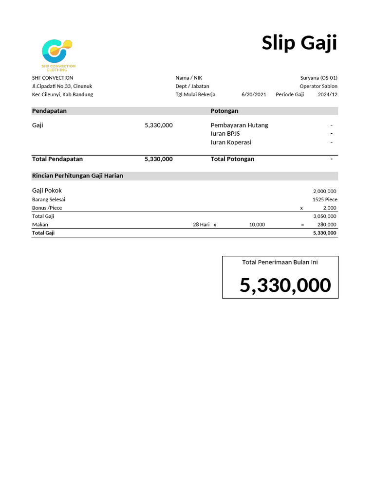 Slip Gaji Karyawan Sablon 2024 | PDF
