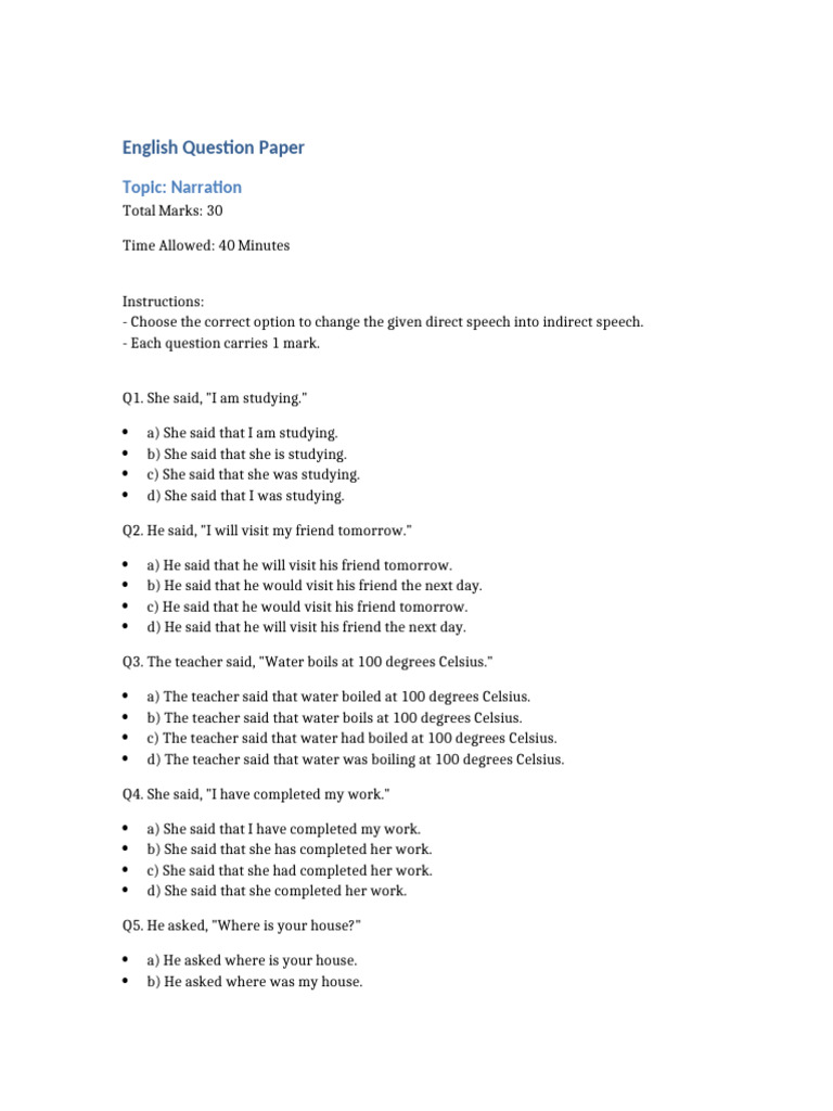 Narration Question Paper | PDF