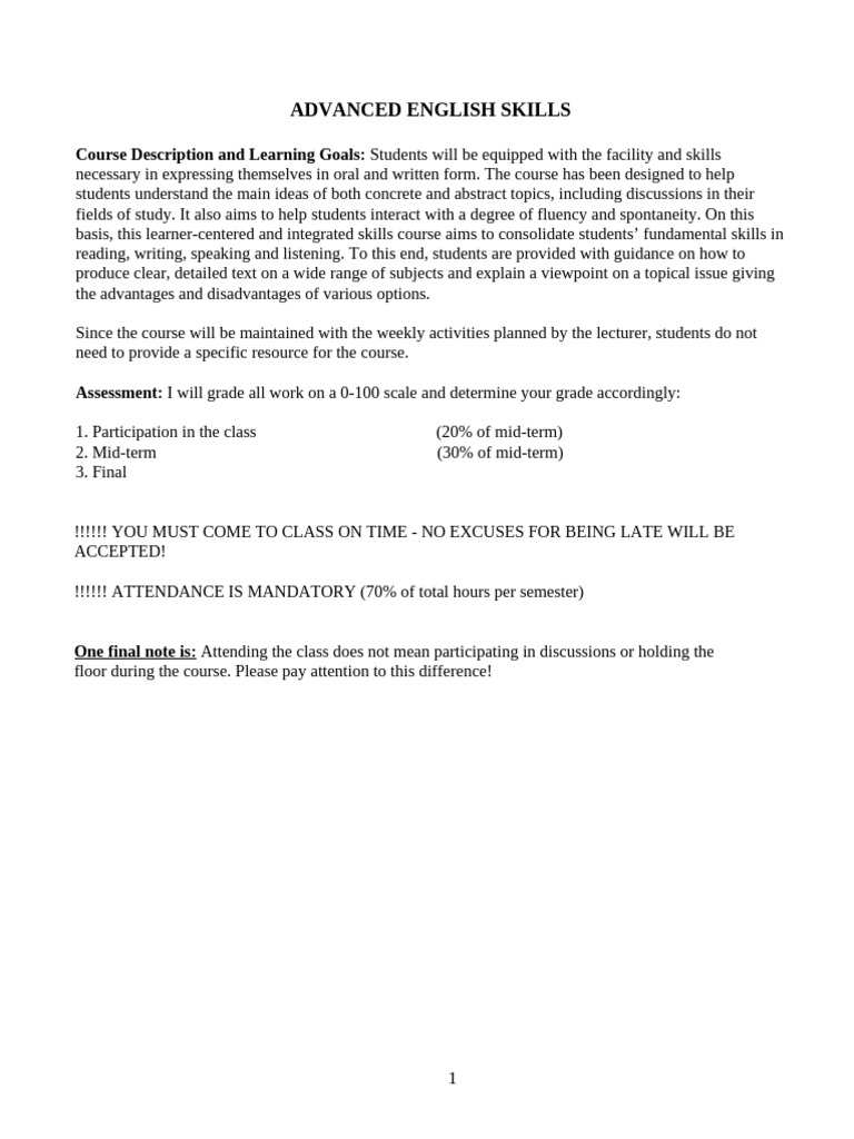 Syllabus Advanced English Skills | PDF