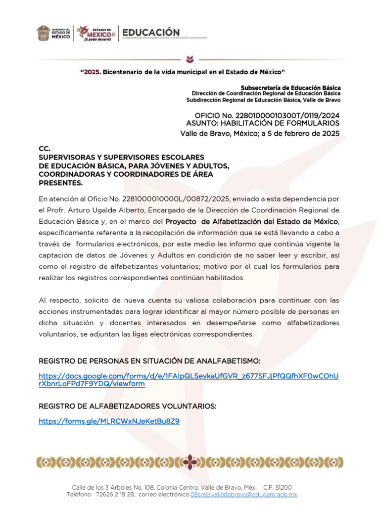 Oficio No. 119 Habilitación de Formularios | PDF