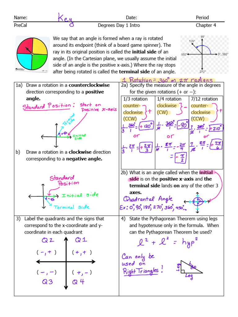 Intro To Degrees Notes | PDF | Cartesian Coordinate System | Angle