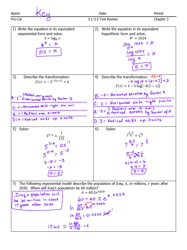 Pre-Calculus Test Review: Logs & Exponents | PDF
