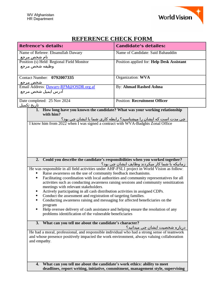 Reference Check Form - Said Bahauddin | PDF | Social Psychology