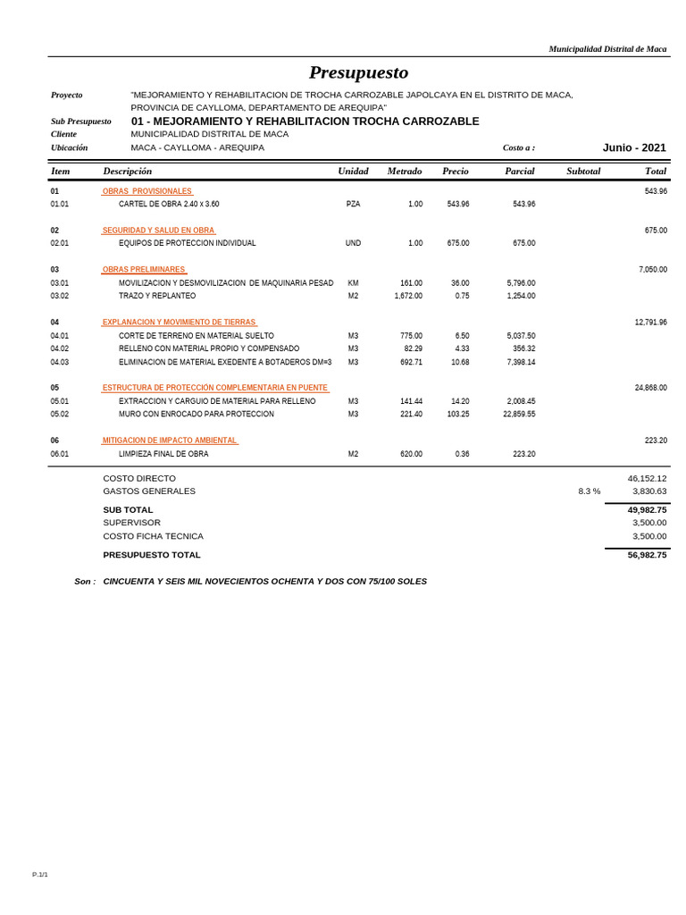 03.01 Presupuesto MEJORAMIENTO Y REHABILITACION TROCHA CARROZABLE | PDF