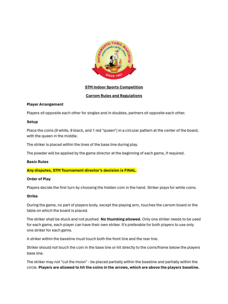 STM - Carrom Rules and Regulations | PDF | Sports