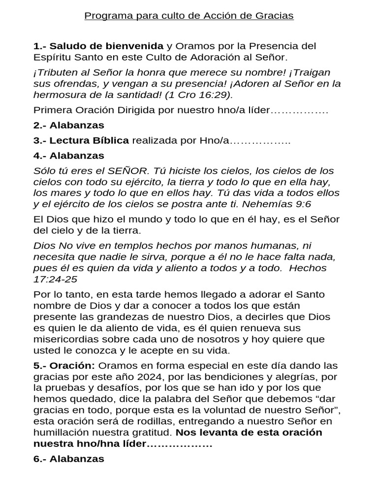 Programa CULTO DE ACCION DE GRACIAS | PDF | Oración | Creencia religiosa y doctrina