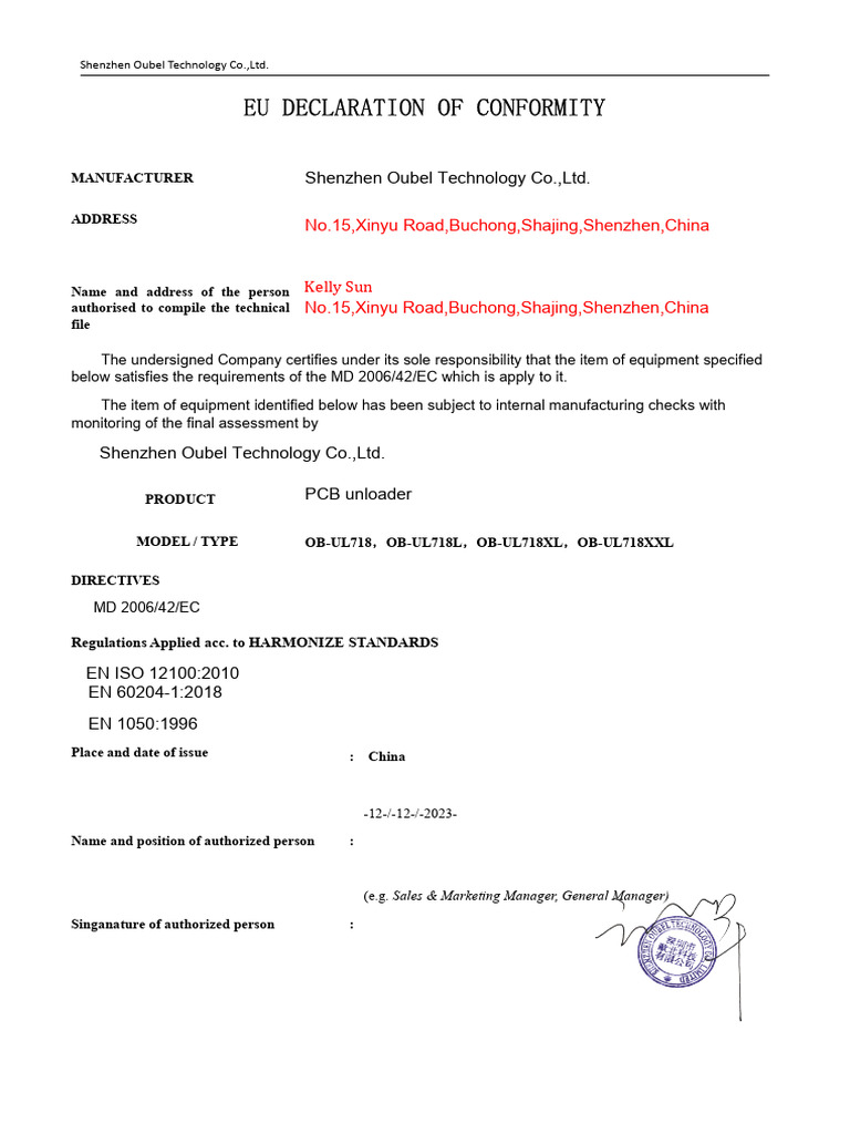 PCB Unloader Declarations of Conformity | PDF
