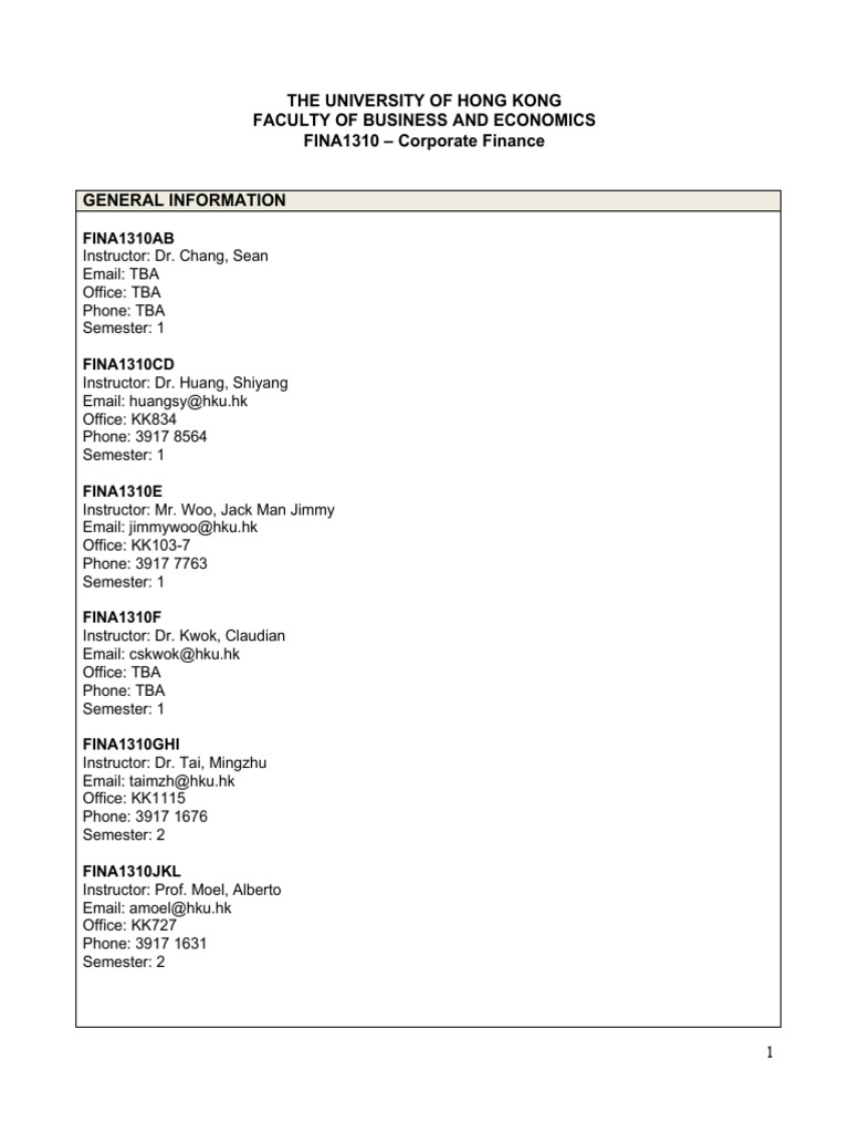 FINA1310 Corporate Finance - Syllabus - 2023 - 2024 | PDF | Academic ...
