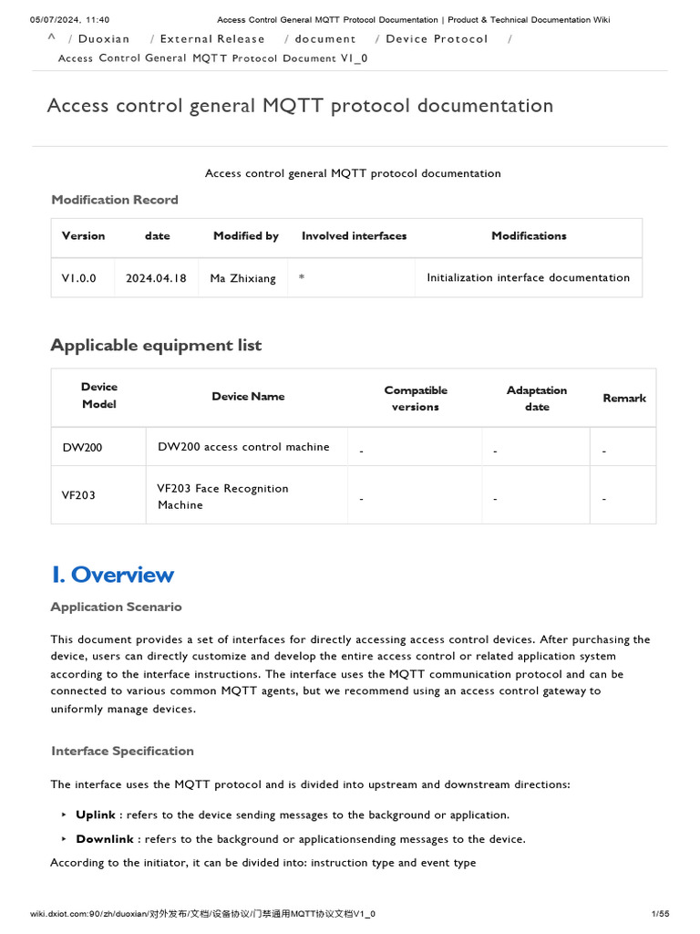 Access Control General MQTT Protocol Documentation - Product & Technical Documentation Wiki ...